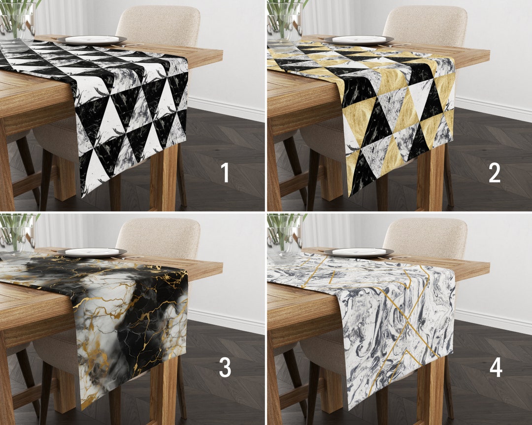 Digital Print Marble Design Runner, Modern Luxury Table Runner, Black ...