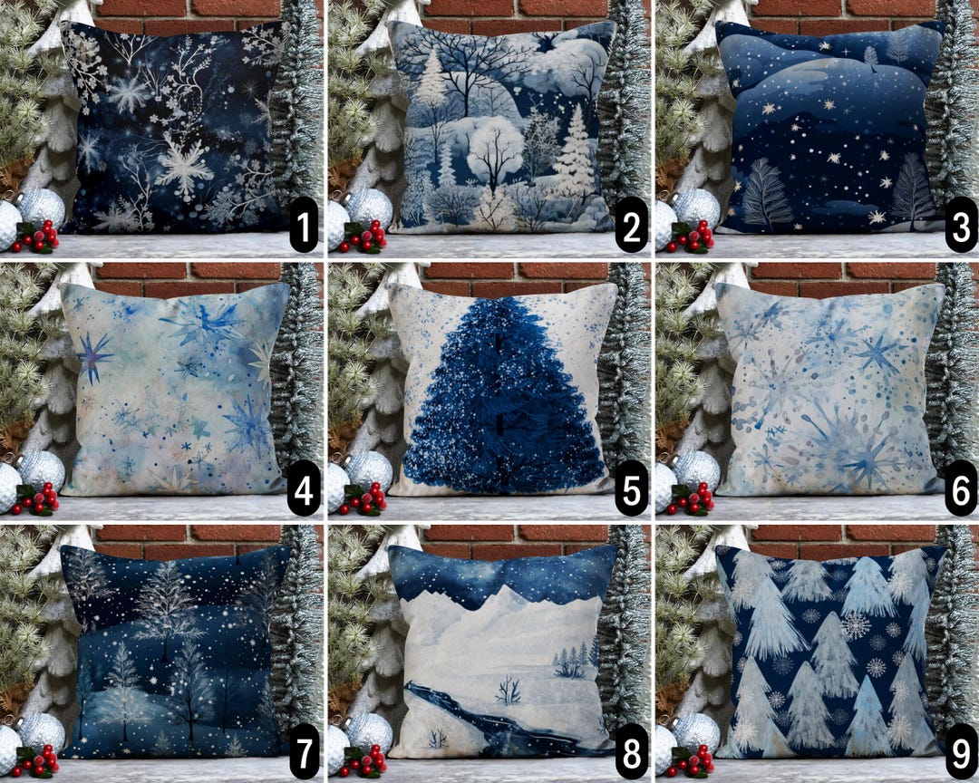 Navy Blue Winter Themed Pillow Cover, Snowy Pine Trees & Snowflakes ...