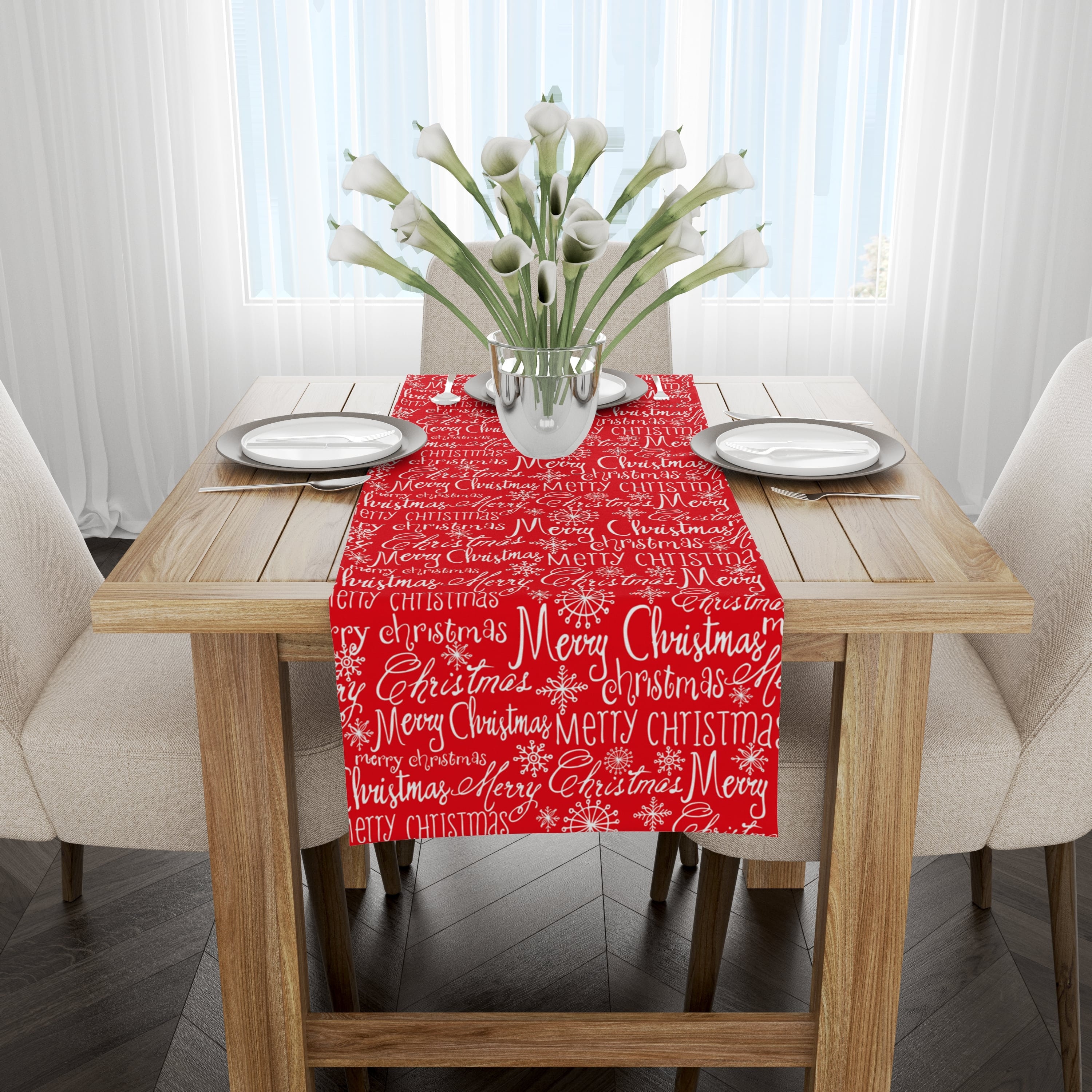 Red Christmas Table Runner, Snowflake Design Runner, Red Xmas Kitchen ...