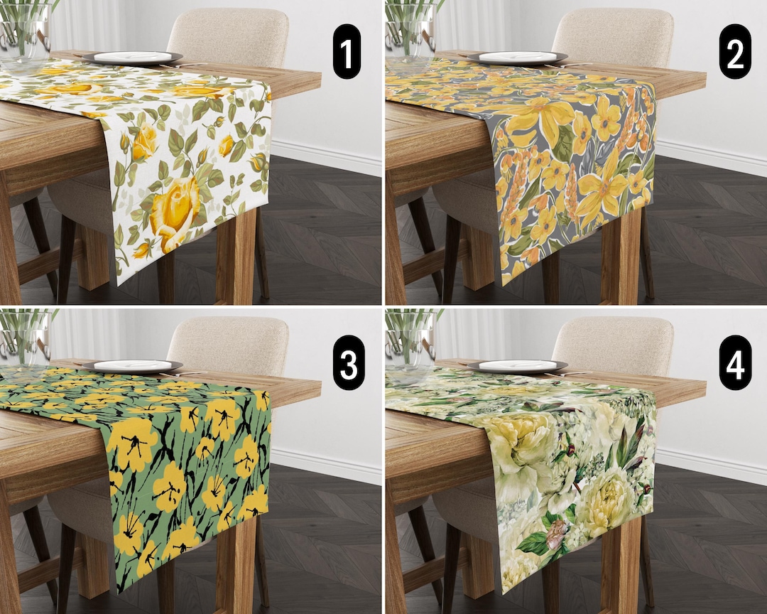 Floral Yellow Table Runner, Vintage Elegant Flowers Pattern Table ...