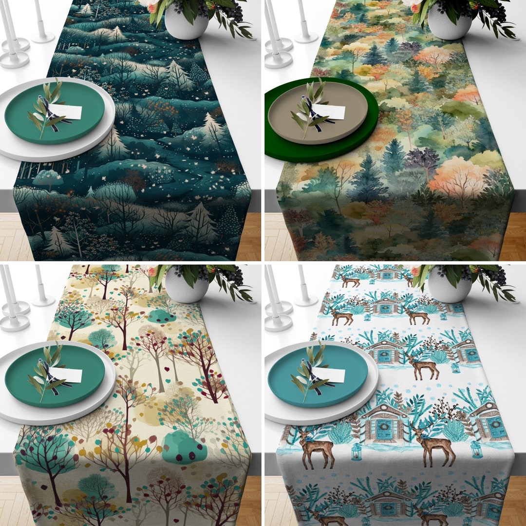 Blue Green Winter Trees Table Runner, Christmas Design Runner, Pine ...