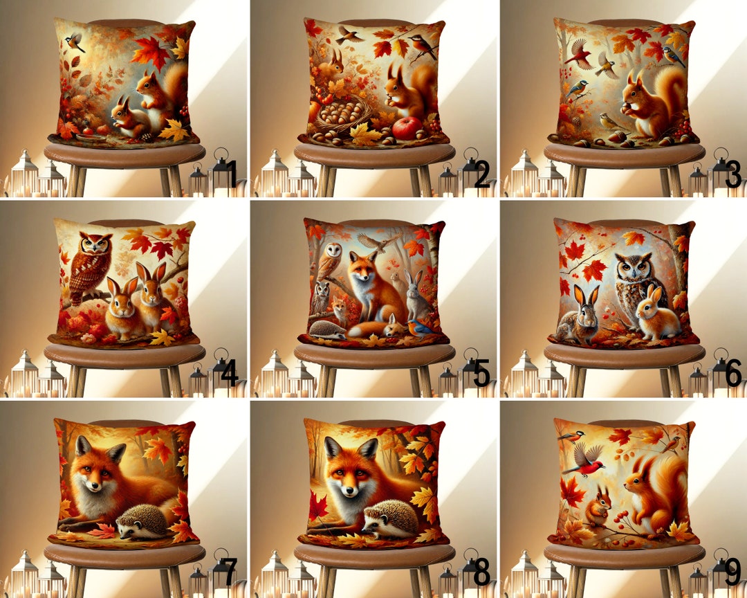 Animals in Fall Woodland Pillow Cover, Fox Squirrel Hedgehog Owl Rabbit ...