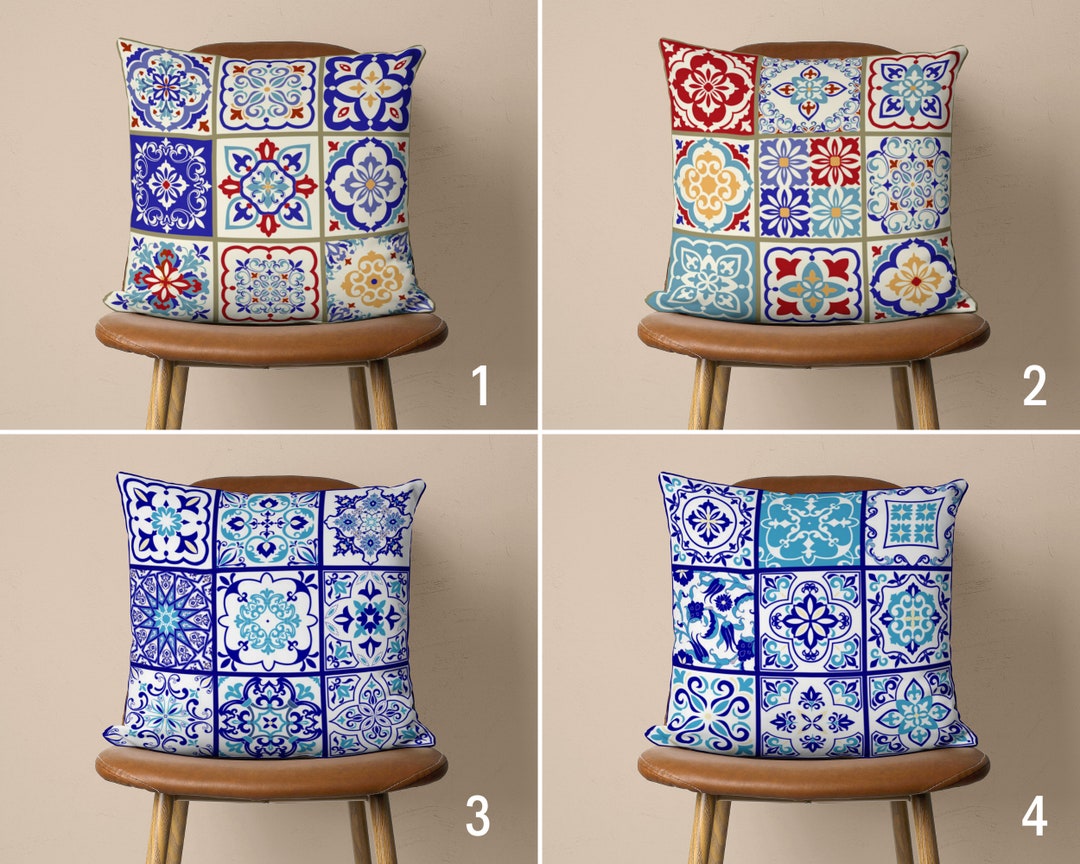 Blue Tile Pattern Pillow Case, Square Spanish Tiling Pillow Cover ...