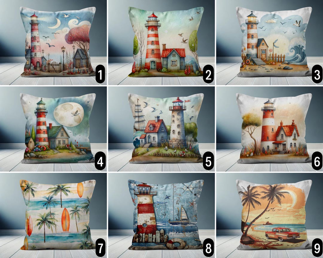 Coastal Lighthouse Pillow Cover, Nautical Marine Seaside Pillow Cover ...
