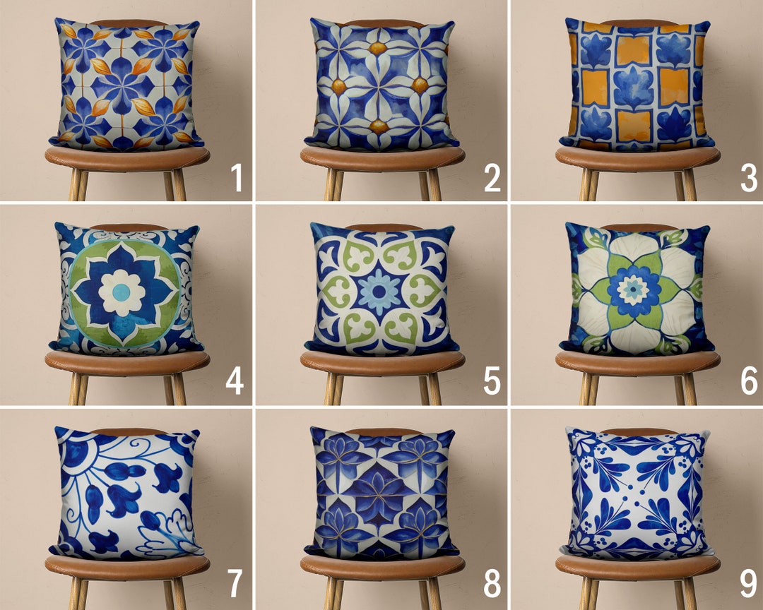 Blue Tile Design Pillow Cover, Blue Orange Green Spanish Tile Cushion ...