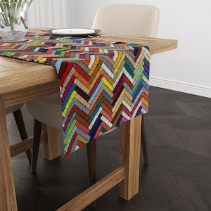 Colorful Embroidery Design Runner, Digital Print Zigzag Wavy Patchwork ...