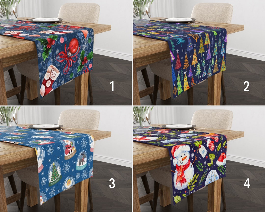 Blue Christmas Runner, Joyful Holiday Table Runner, Noel Table Cover ...