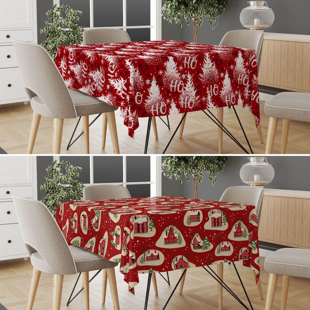 Red Merry Christmas Tablecloth, Xmas Pine Tree Tablecloth, Cabin Table ...