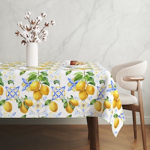 Tile & Lemon Design Summer Tablecloth, Blue Yellow Italian Sicilian ...