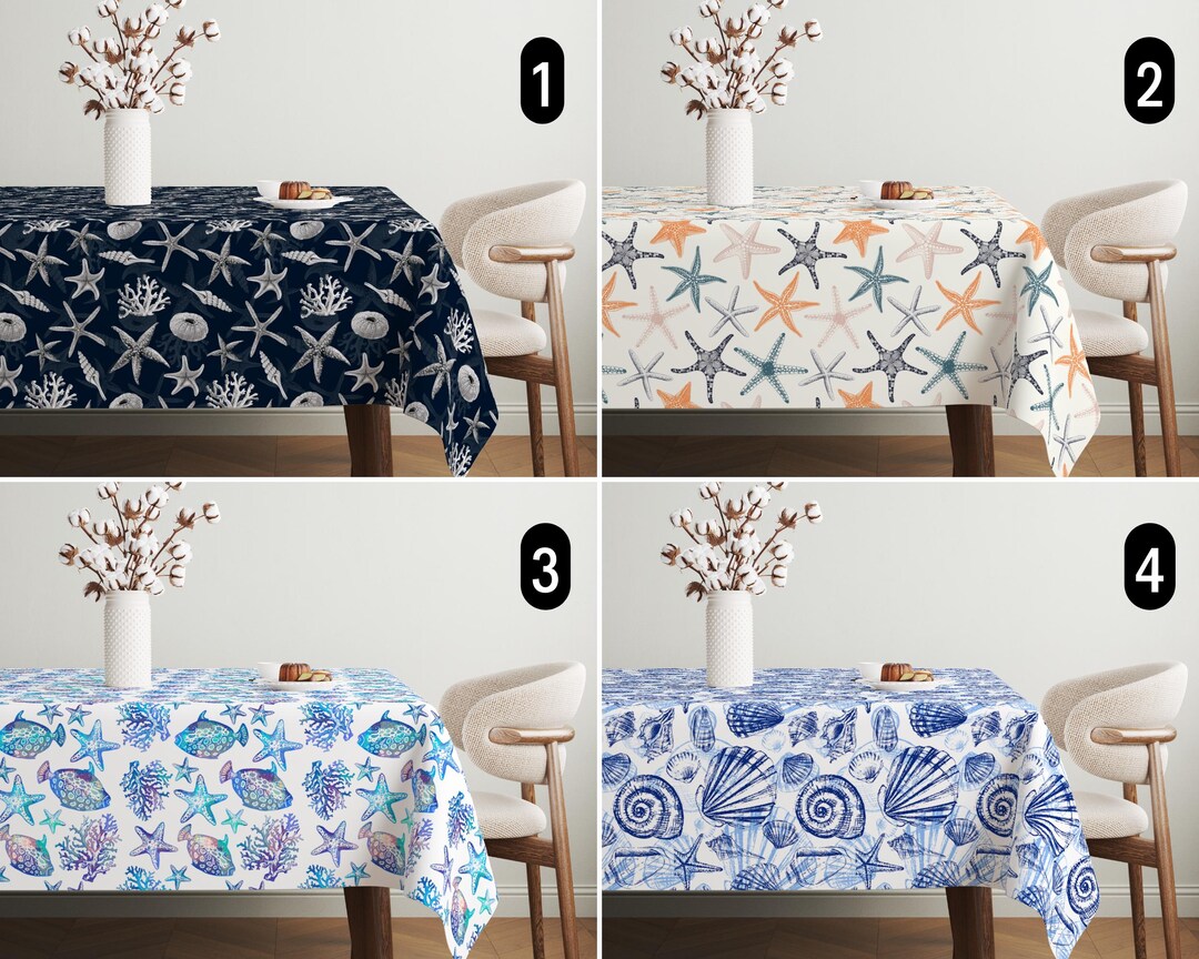 Starfish & Seashell Tablecloth, Blue Coastal Sea Life Tablecloth ...