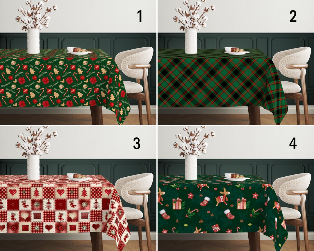 Green Red Christmas Design Tablecloth, Plaid & Patchwork Digital Print ...