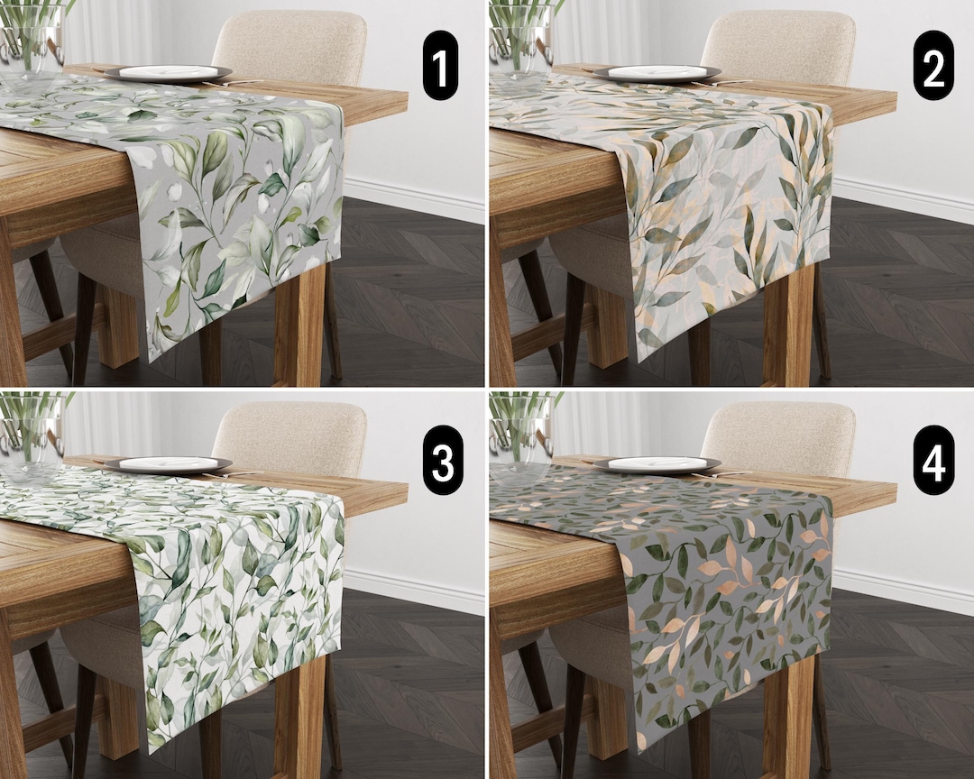 Modern Leafy Design Table Runner, Watercolor Botanical Foliage Runner ...