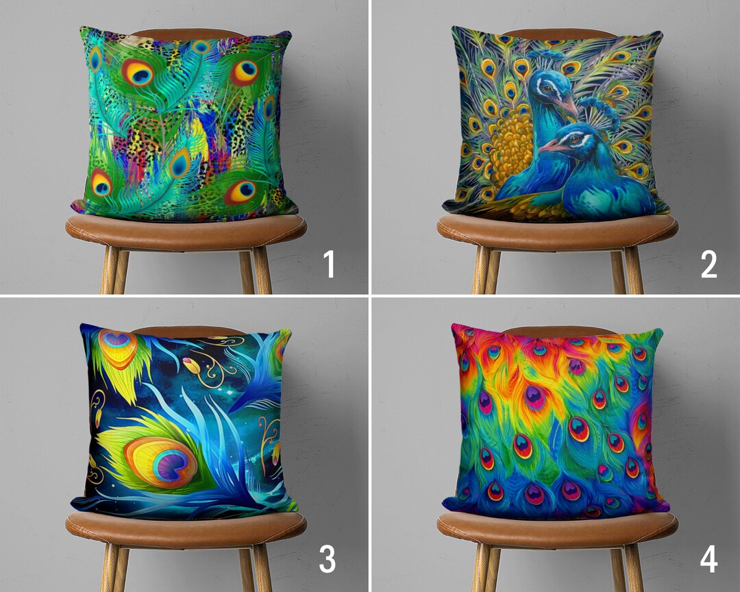 Colorful Bright Peacock Feather Pillow Cover, Peafowl Tail Pillow Case ...