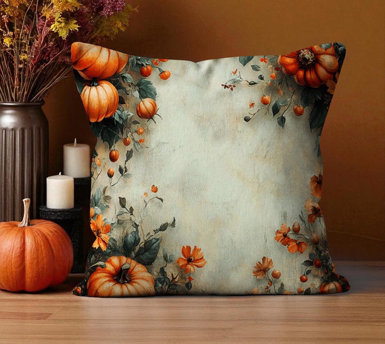 Cozy Fall Pumpkins & Trees Pillow Cover, Autumn Leaves Flowers Throw ...