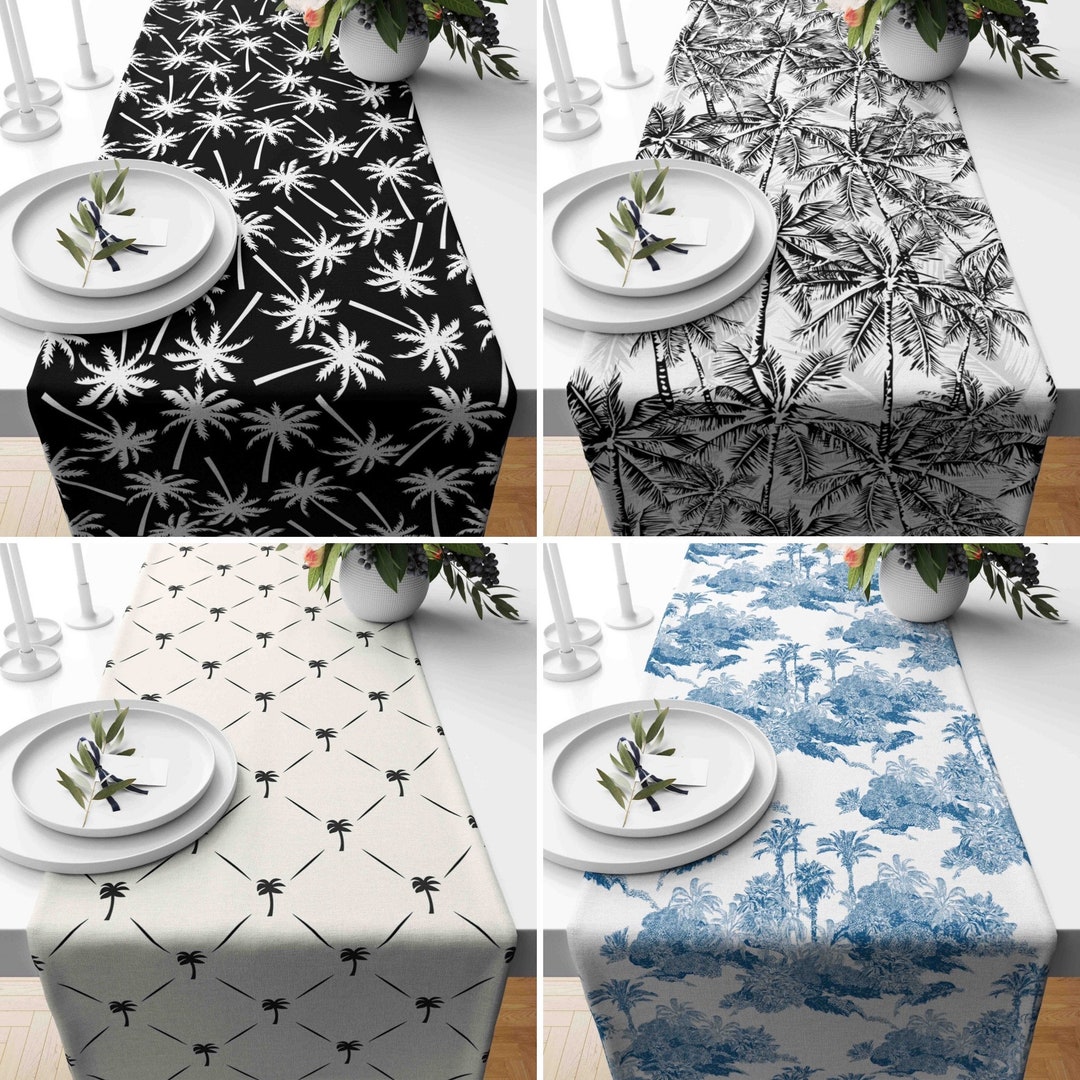 Palm Trees Table Runner, Black White Blue Tropical Runner, Tropical ...