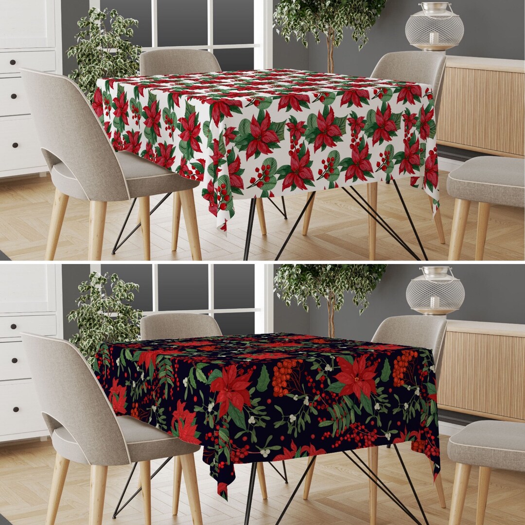 Poinsettia & Berry Tablecloth, Red Christmas Flower Tablecloth, Floral ...