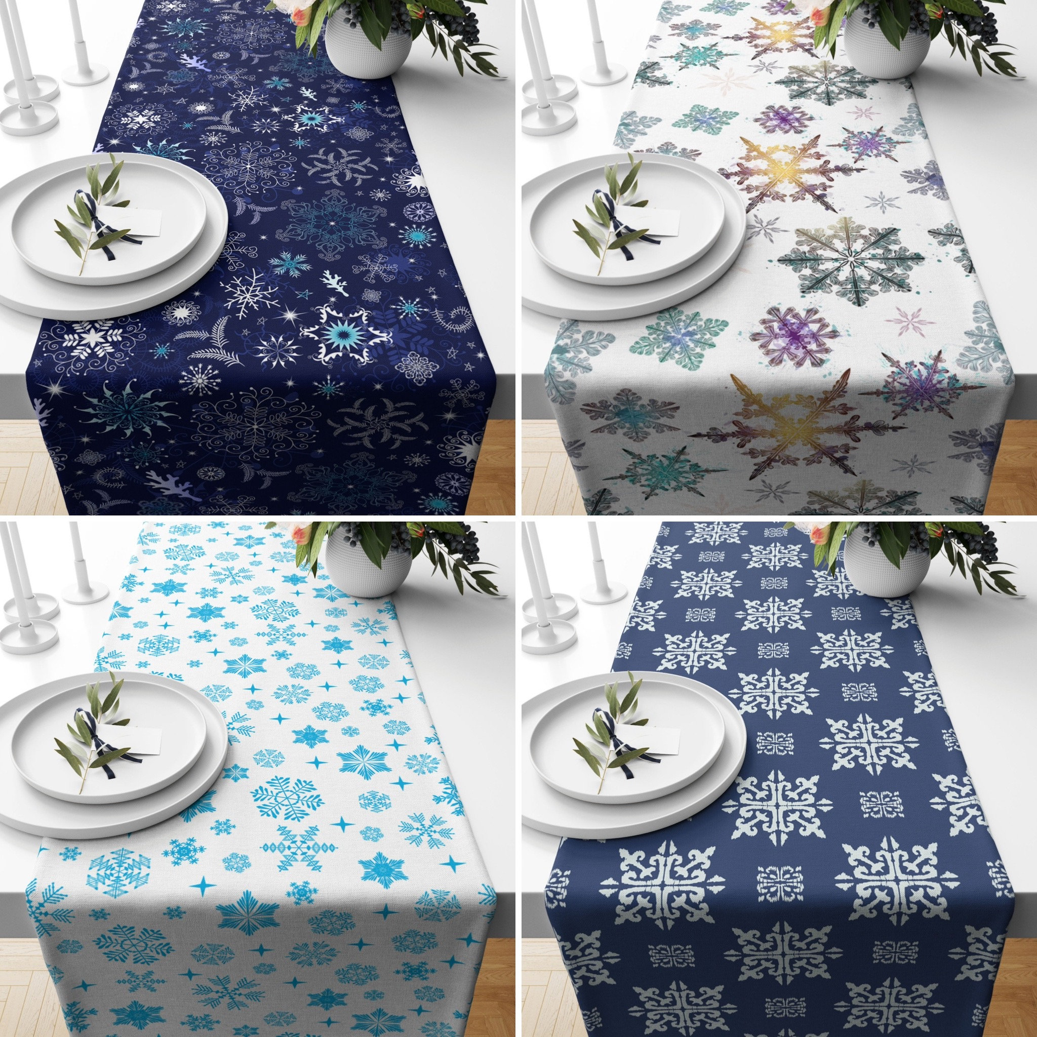 Blue Snowflakes Table Runner, Snowy Winter Runner, Christmas Tablecloth ...