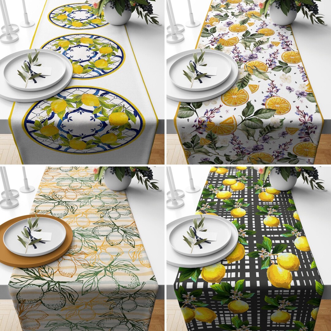 Yellow Citrus Floral Table Runner, Lemon Kitchen Runner, Summer Trend ...
