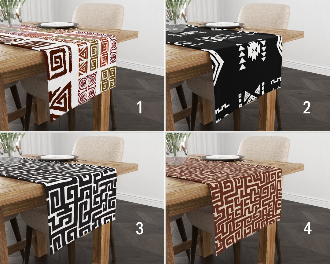 Aztec Motifs Table Runner, Tribal Black & Brown Kitchen Runner ...