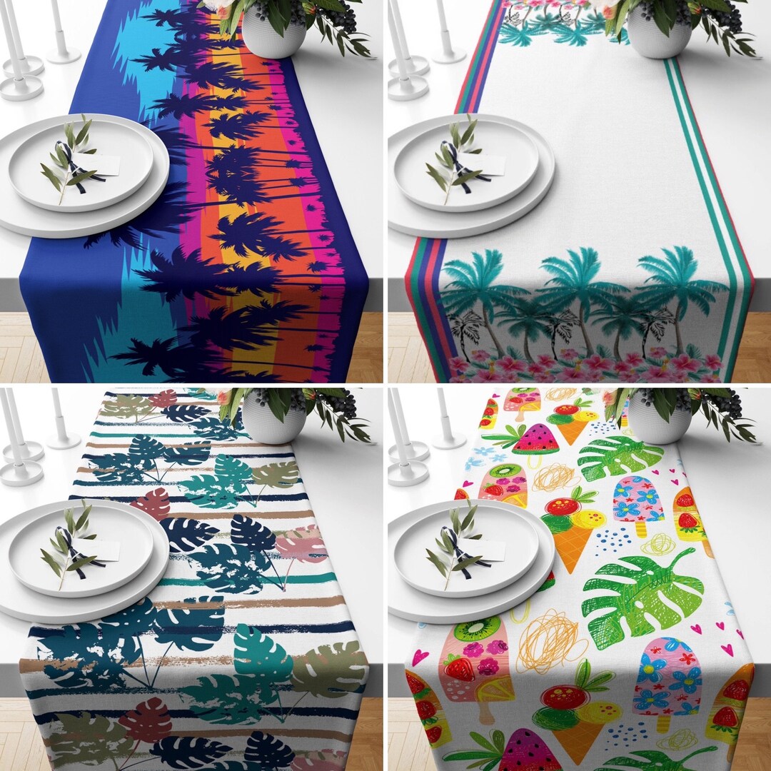 Tropical Colorful Table Runner, Palm Trees & Monstera Leaves Runner ...