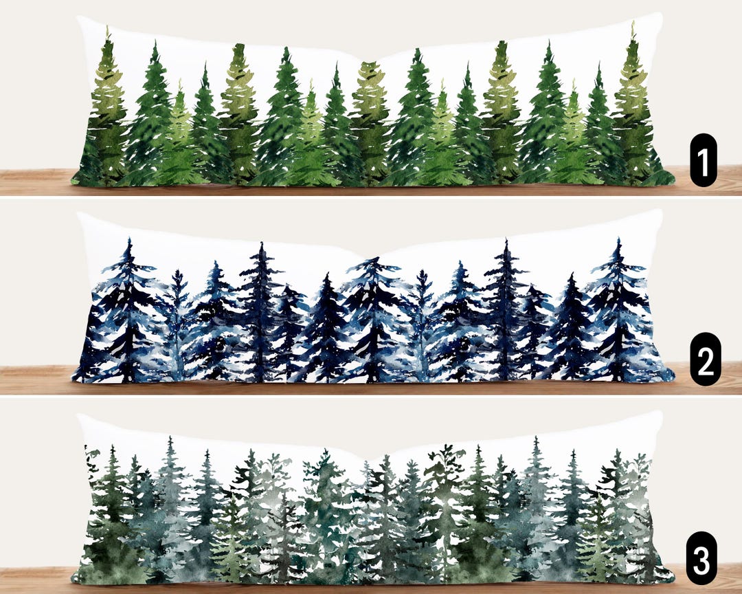 Evergreen Tree Forest Lumbar Pillow Cover, Green Blue Pine Woods ...