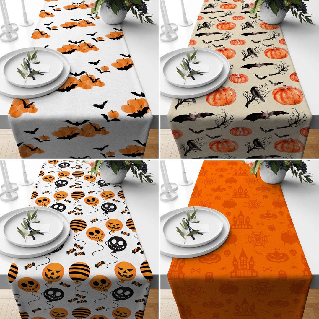 Halloween Runner, Carved Pumpkins & Bats Table Runner, Spooky ...