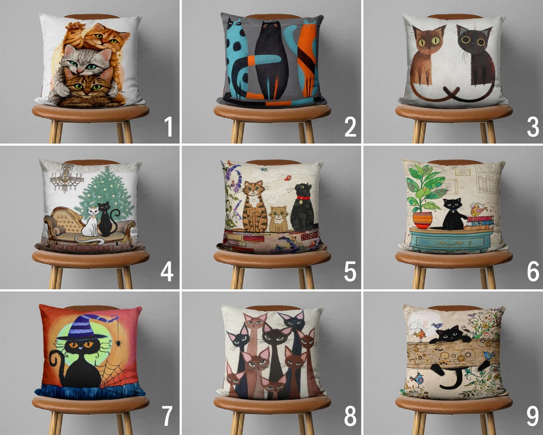 Cute Cats Throw Pillow Cover, Cat Illustrations Cushion Cover, Cute ...