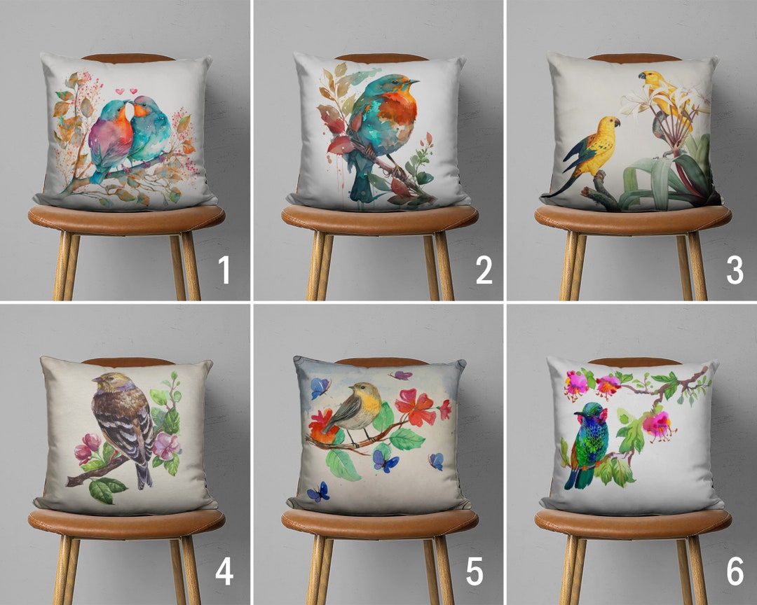 Little Cute Birds on Branch Throw Pillow Cover, Colorful Sparrow ...