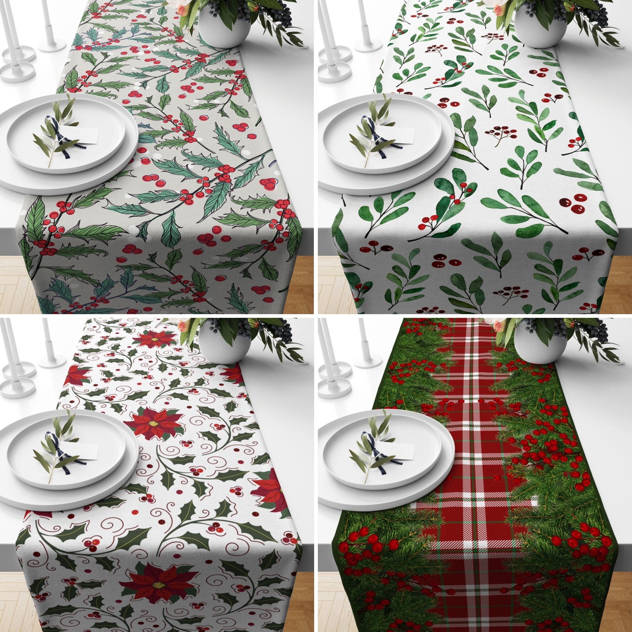 Holly Red Berry Table Runner Christmas Flower Runner Noel - Etsy