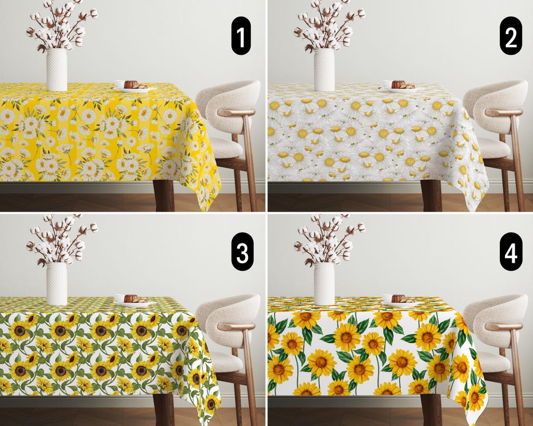 Daisy & Sunflower Tablecloth, Rustic Botanical Yellow Floral Tablecloth ...