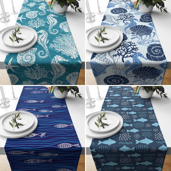 Blue Coastal Table Runner Fish Seahorse Runner Nautical Tablecloth Aqua Table Decor Any Size Runners Dining Room Decor Etsy UK