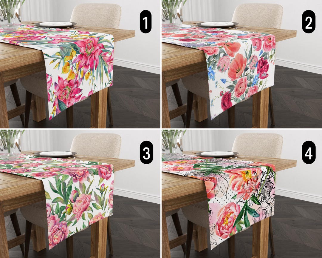 Pink Floral Spring Table Runner, Rose Lily Peony Flowers Summer Table ...