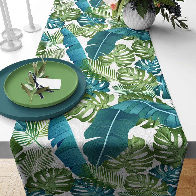 Floral Leaves Table Runner, Green Kitchen Runner, Monstera Tablecloth ...