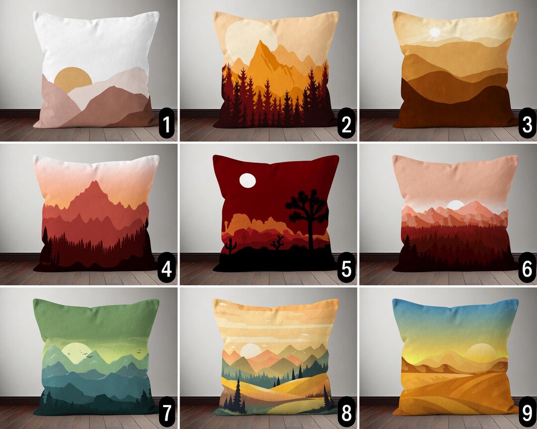 Sunset Landscape Pillow Cover, Boho Abstract Layered Mountains View ...