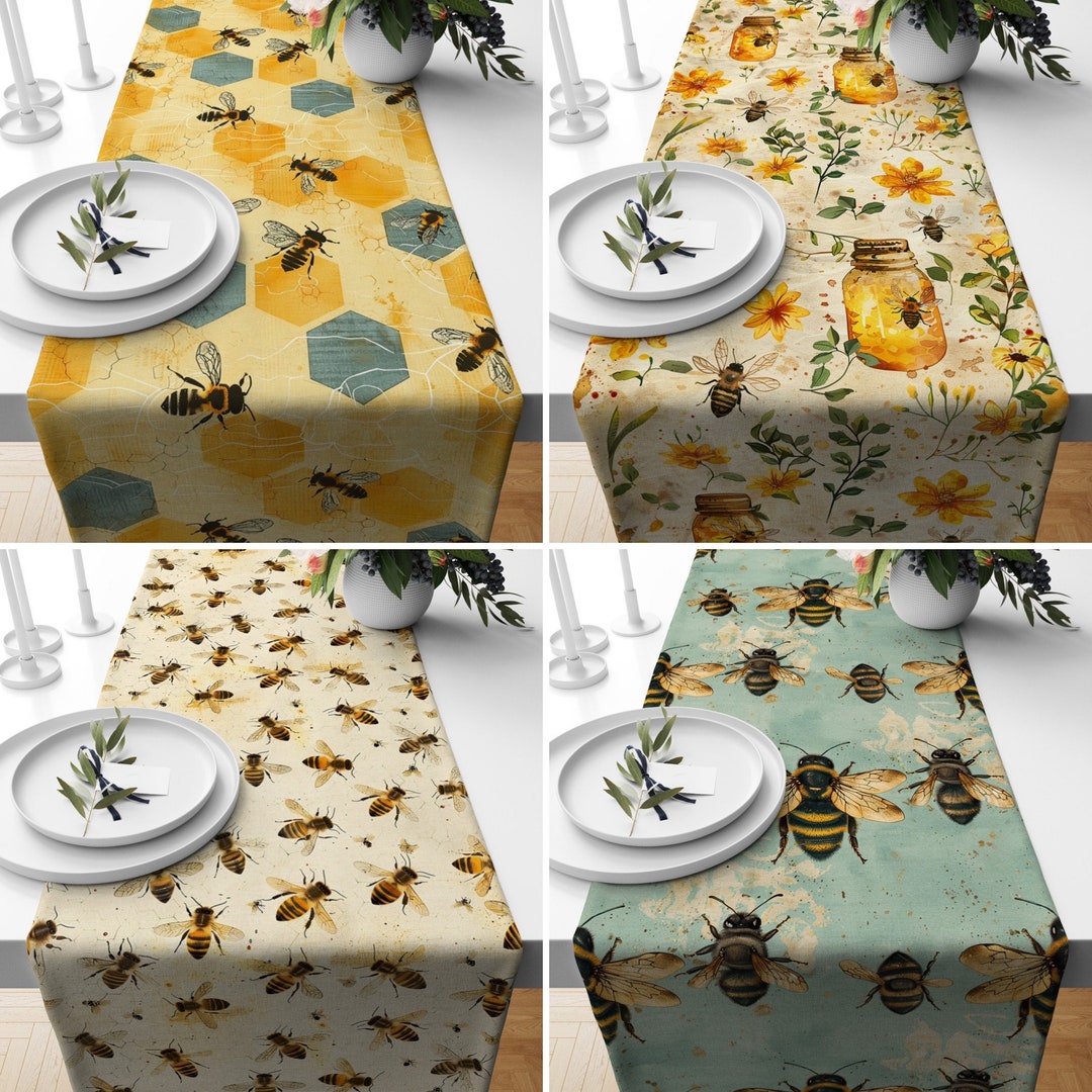 Cute Bees Table Runner, Spring & Summer Yellow Table Runner, Bee Design ...