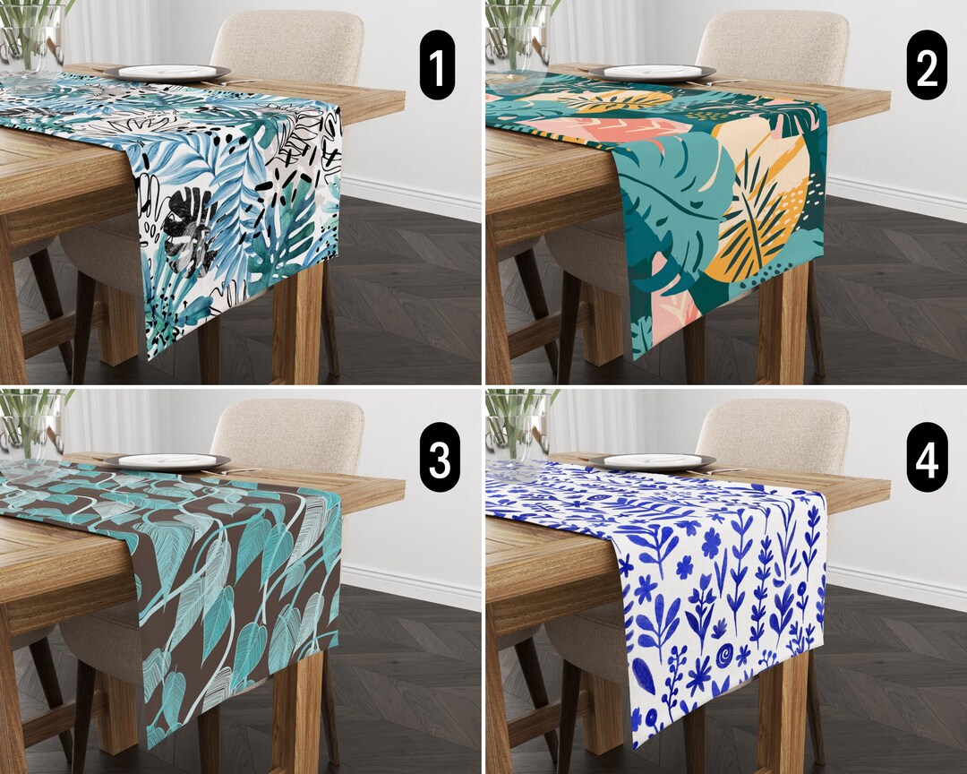 Abstract Leaves Table Runner, Botanical Teal Blue Turquoise Navy Blue ...