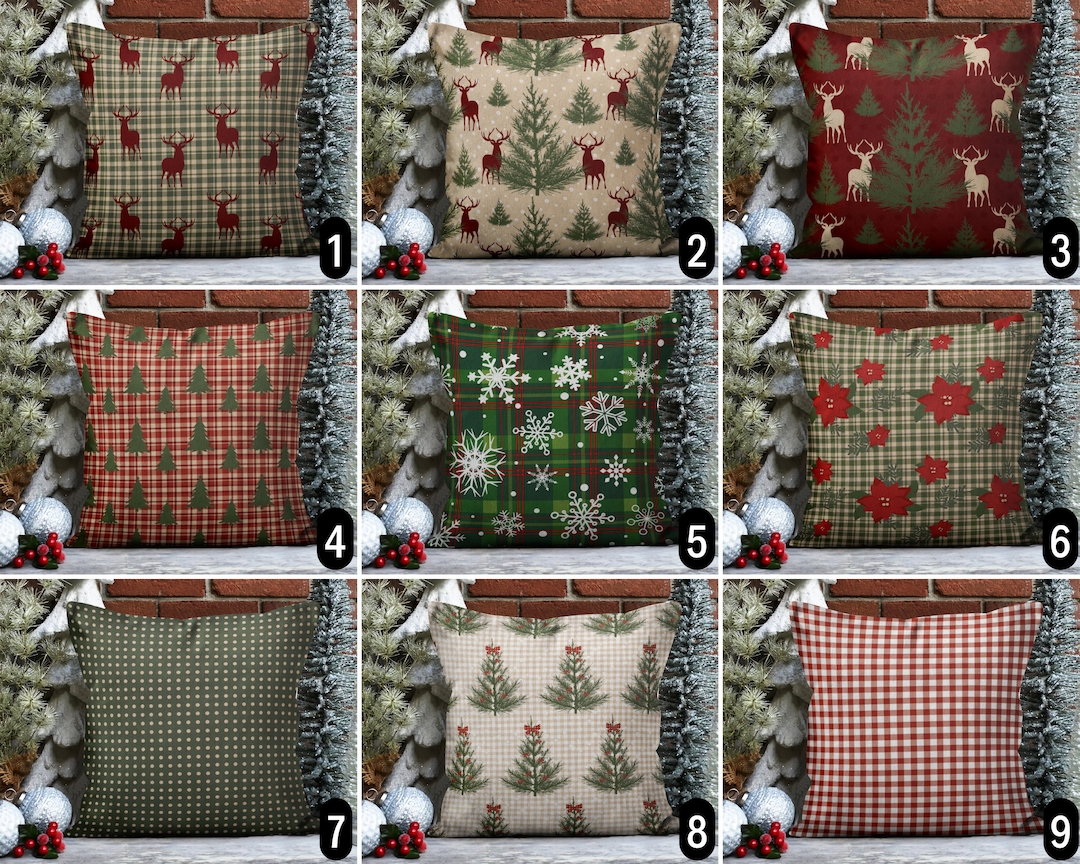 Plaid & Check Christmas Throw Pillow Cover, Green Burgundy Red Holiday ...