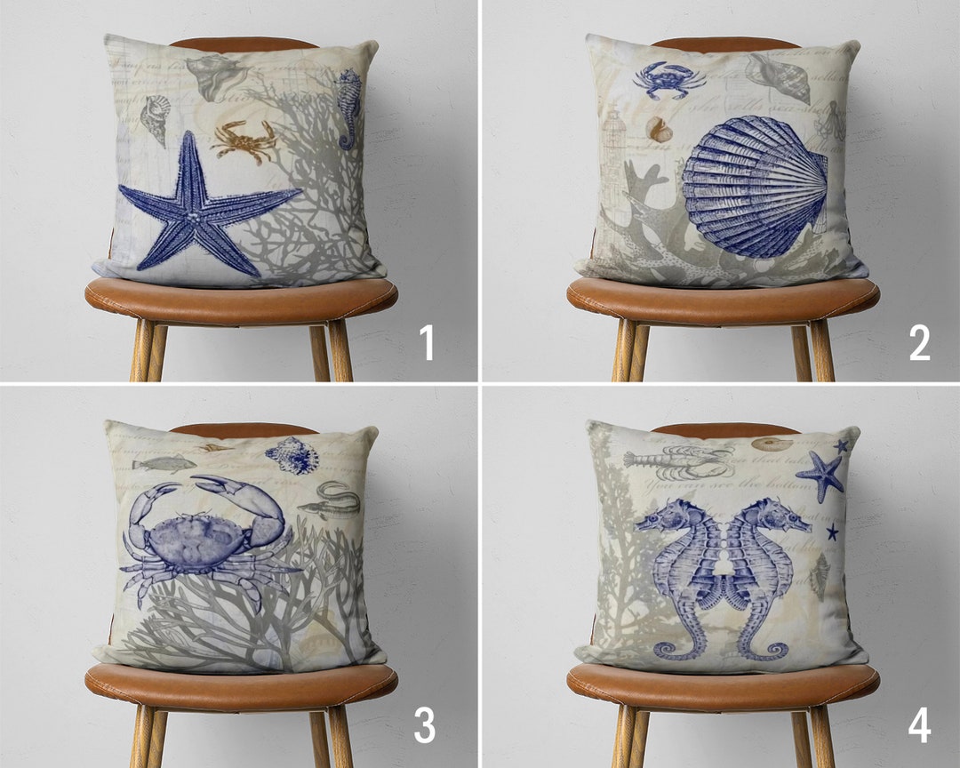 Nautical Sea Life Pillow Cases, Marine Animals Cushion Covers, Coastal ...