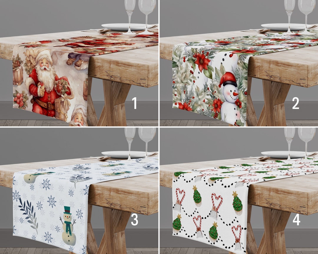 Christmas Santa Claus Table Runner, Snowman & Candy Cane Design Custom ...