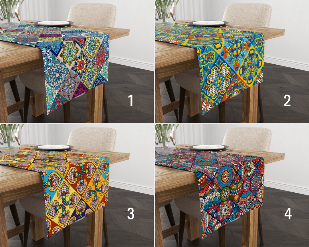 Tile Design Vivid Color Table Runner, Traditional Lozenge Runner ...
