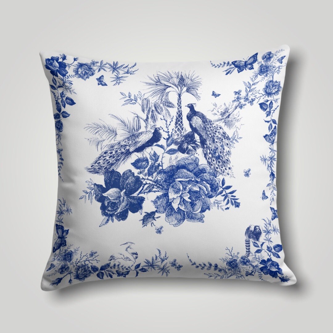 Blue & White Floral Pillow Cover Rose Flower Pillow Case - Etsy