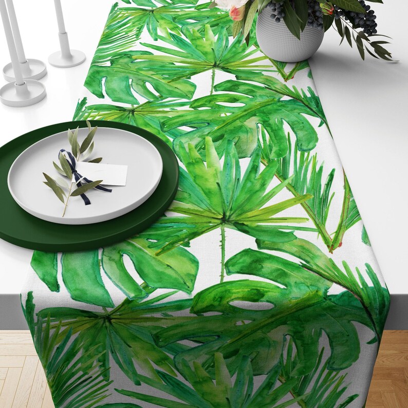 Floral Leaves Table Runner, Green Kitchen Runner, Monstera Tablecloth ...