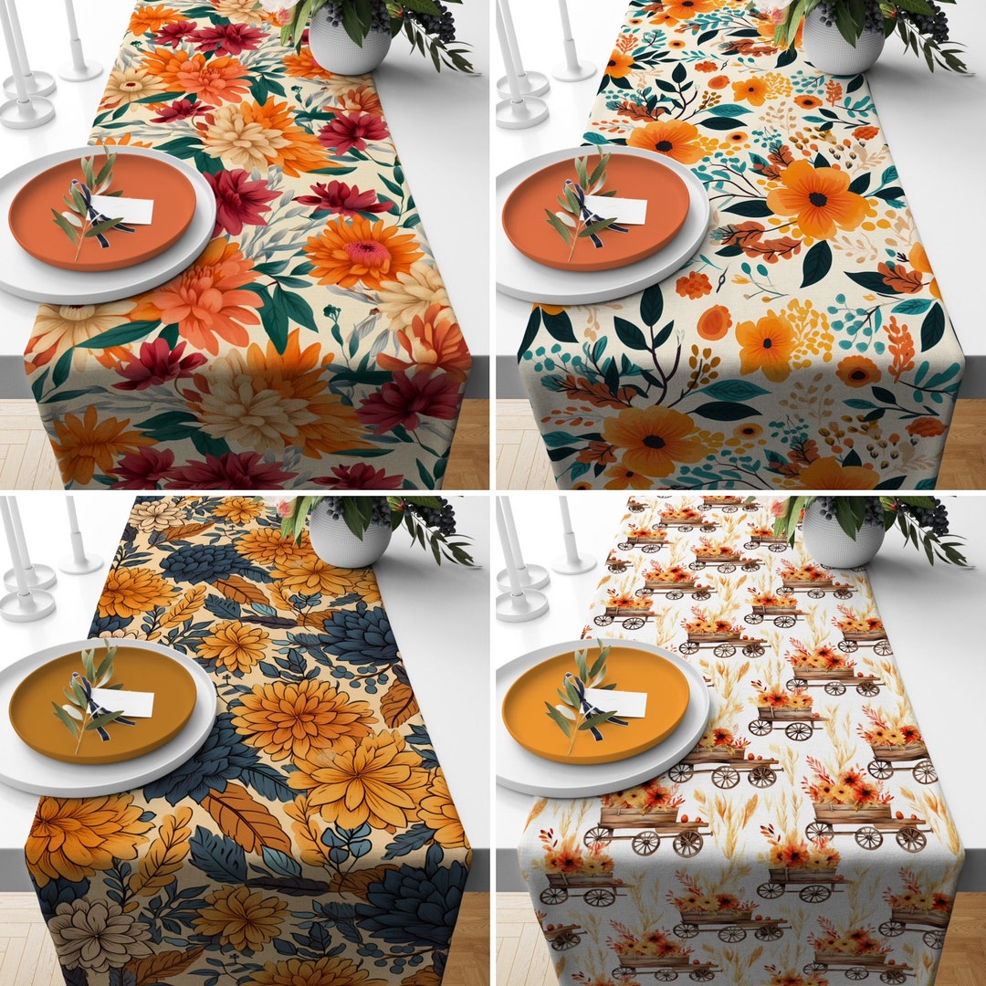 Orange Flowers Table Runner, Boho Floral Fall Dining Room Table Runner ...