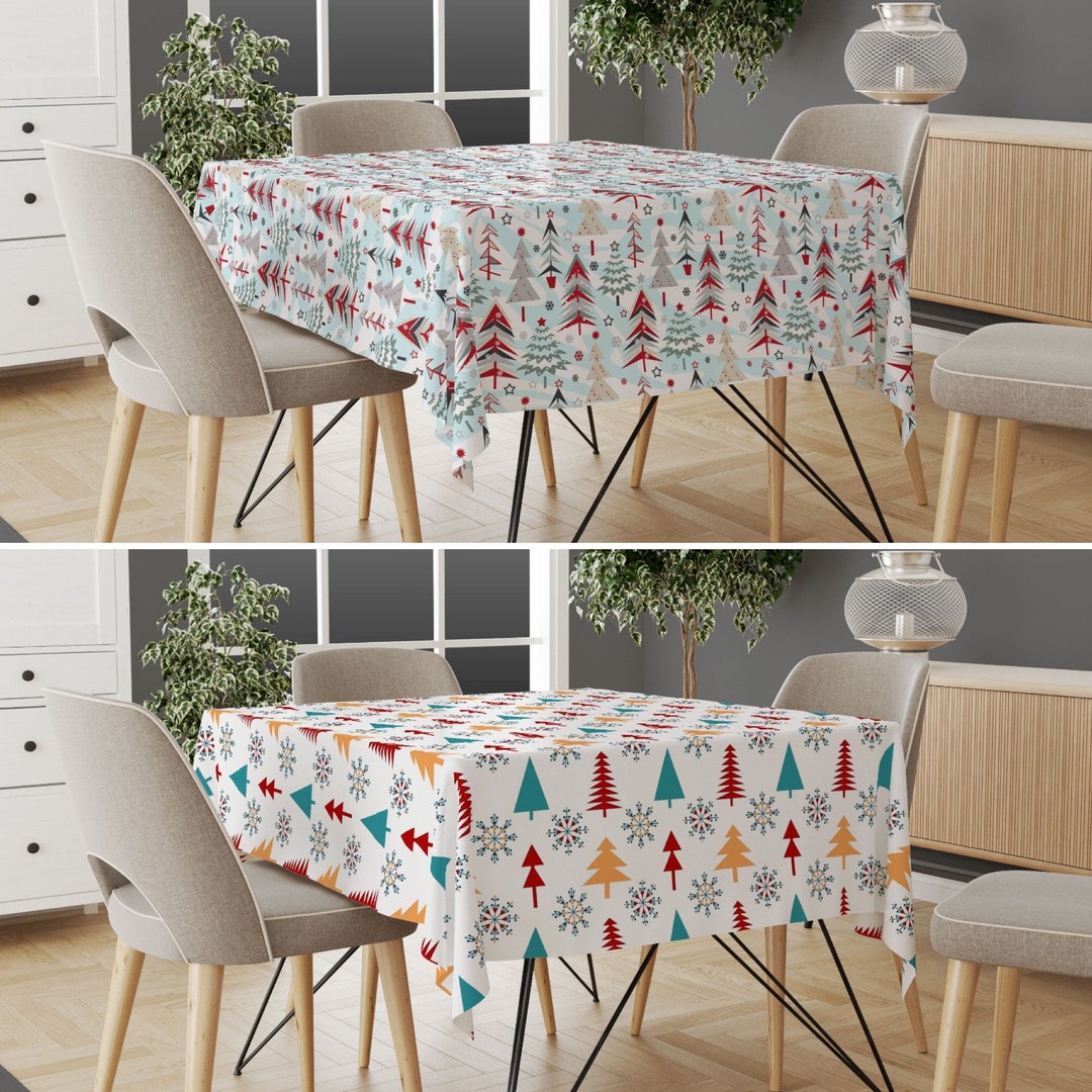 Pine Trees & Snowflakes Tablecloth, Festive Holiday Table Cover, Joyful ...