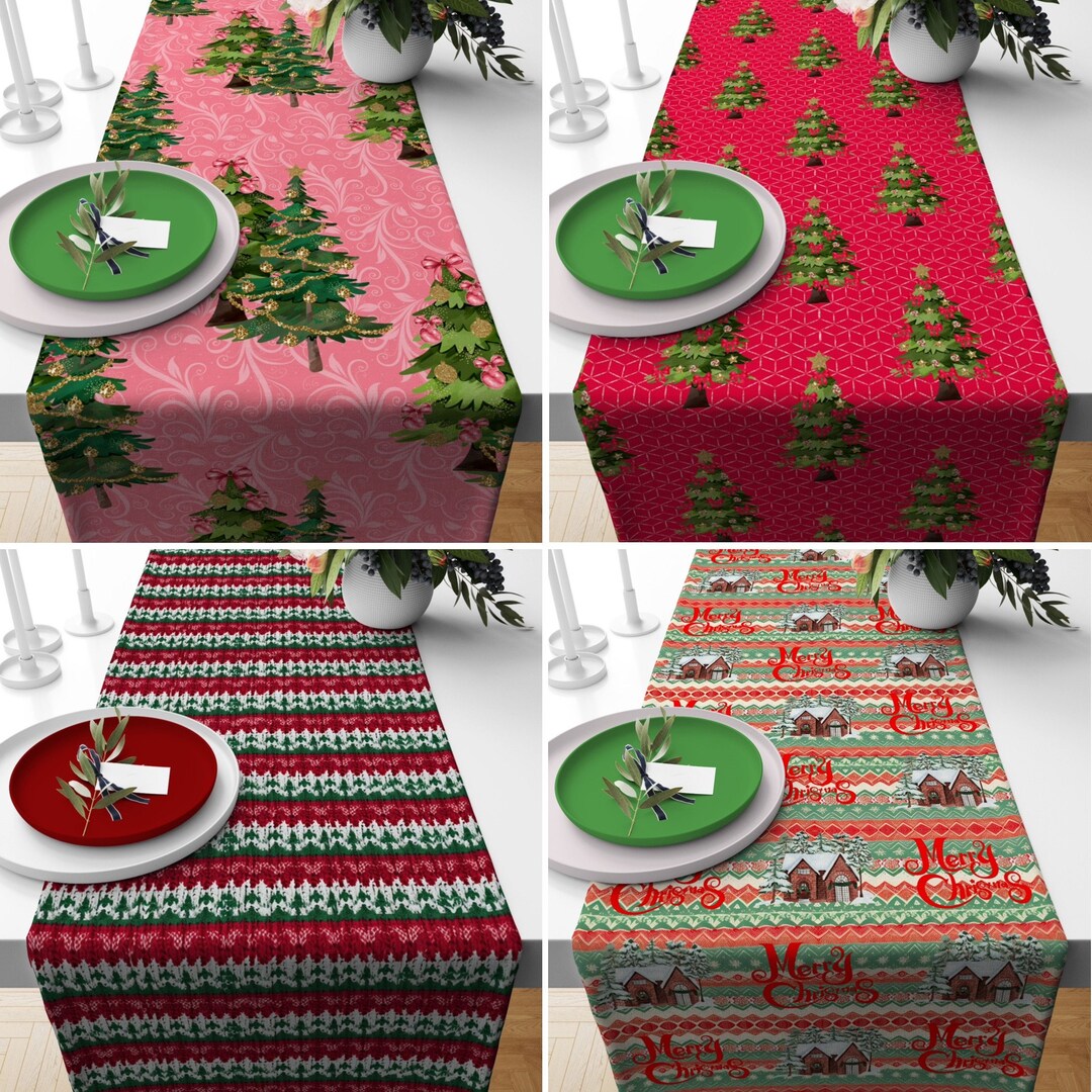 Pink Red Green Christmas & Winter Table Runner, Joyful Holiday Dining ...
