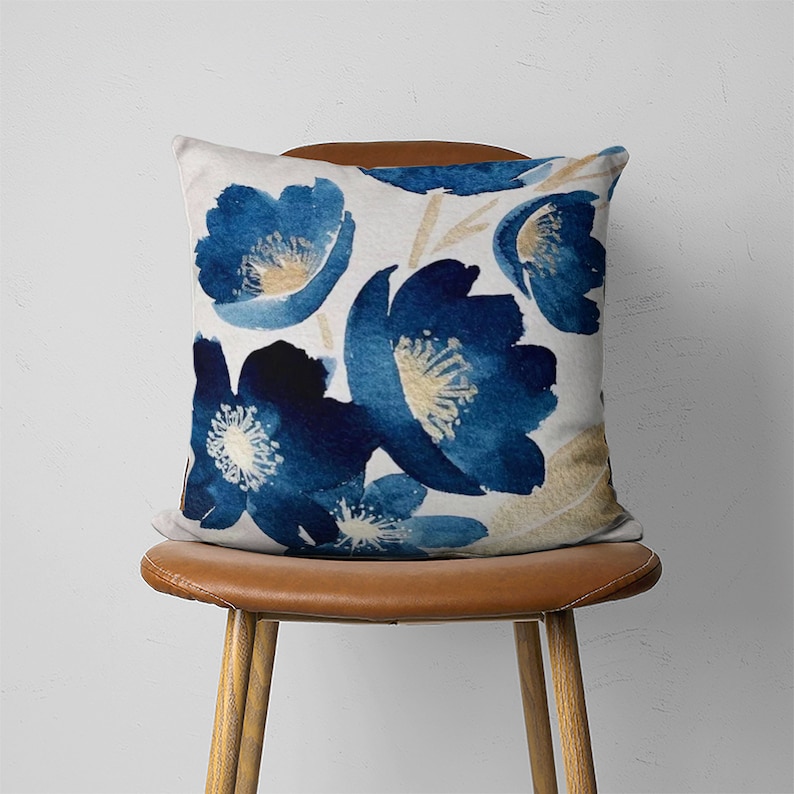 Blue Flower Pillow Cover, Decorative Leaves Cushion Cover, Farmhouse ...