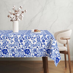 Blue White Floral Tablecloth, Blue Flowers Design Tablecloth, French ...