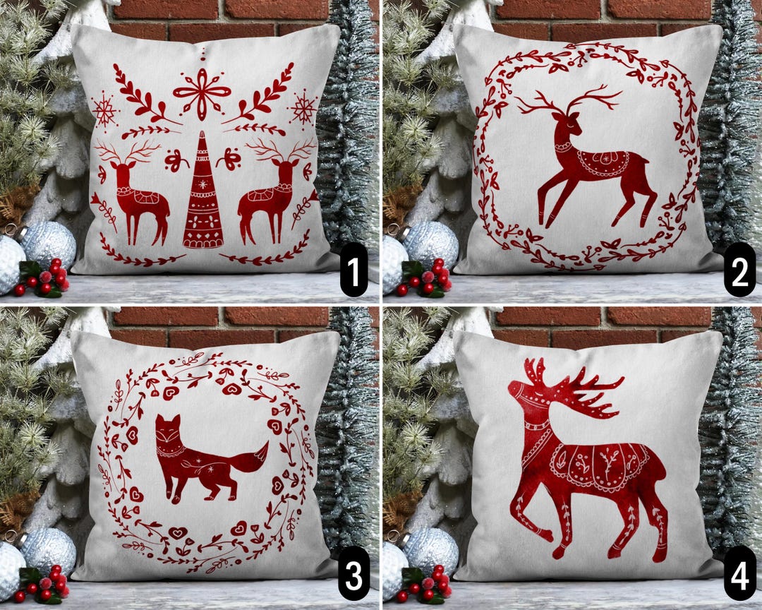 Scandinavian Fox & Reindeer Design Pillow Cover, Nordic Christmas Folk ...