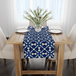 Tile Pattern Table Runner, Navy Blue Kitchen Runner, Geometric ...