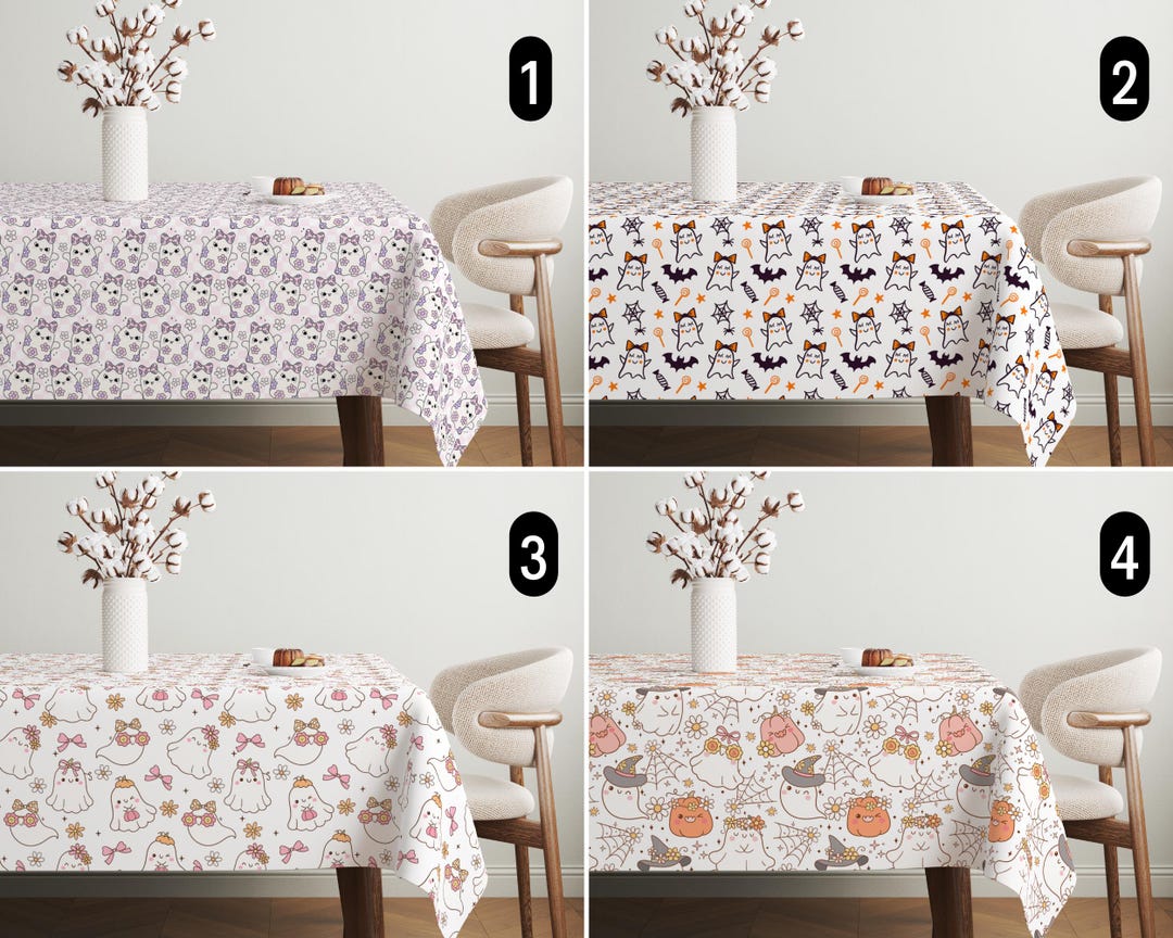Cute Halloween Ghosts Tablecloth, Kawaii Spooky Pink Orange Tablecloth ...